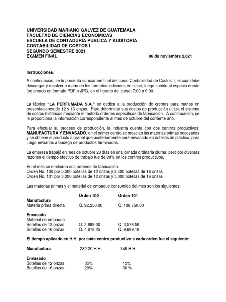 Examen Final Contabilidad de Costos | PDF | Economias