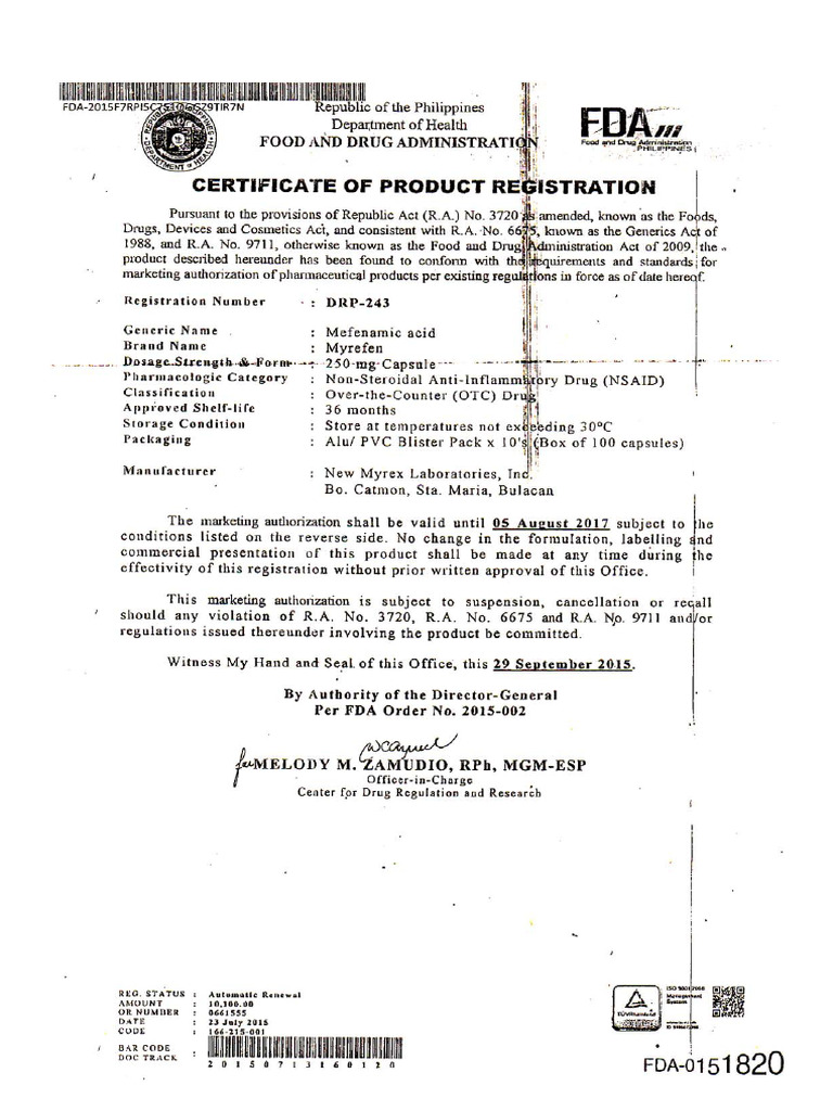 Mefenamic Acid 250mg Capsule (2017-APR) MYREFEN | PDF