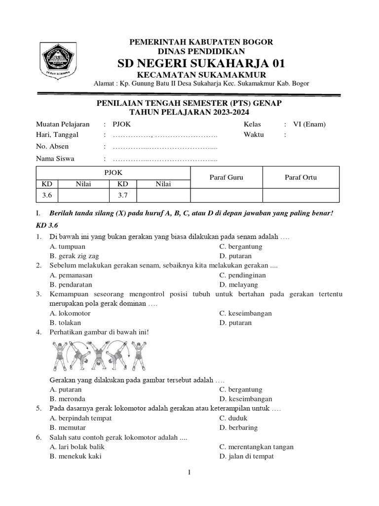 Soal PTS Genap 2024 Kelas 6 Pjok | PDF