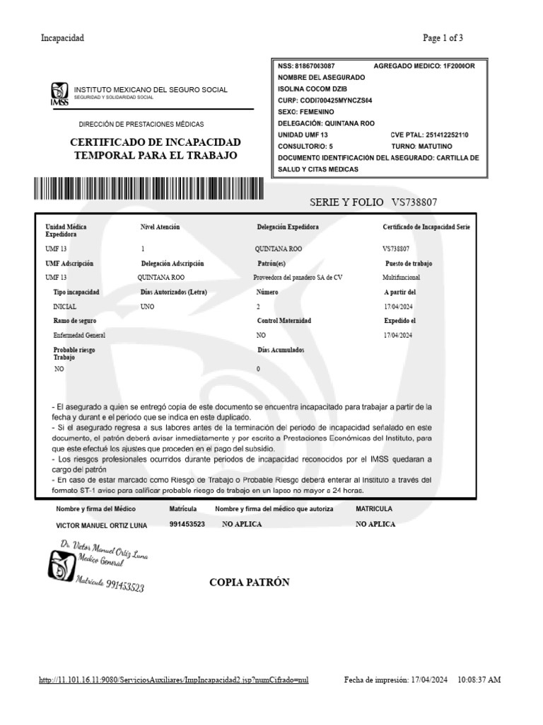 Certificado de Incapacidad Temporal IMSS | PDF