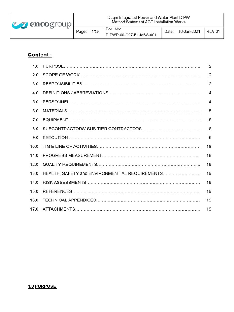 Method Statement Acc Installation Works GZT 190121 | PDF | Quality ...