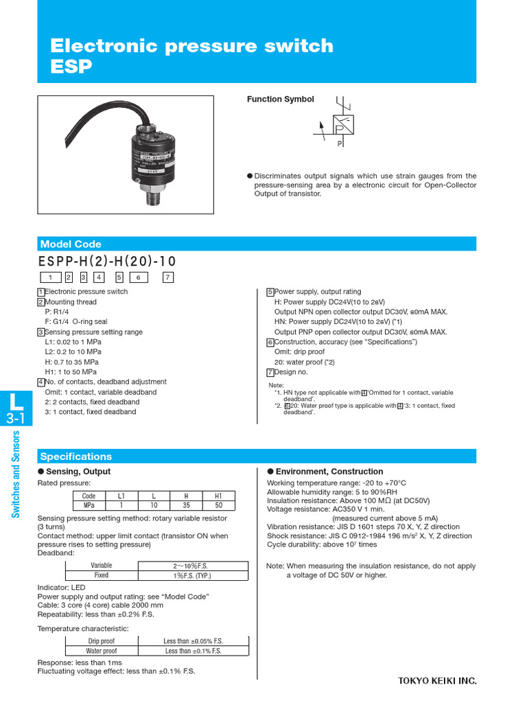 Electronic Pressure Switch ESP: Model Code | PDF | Relay | Transistor