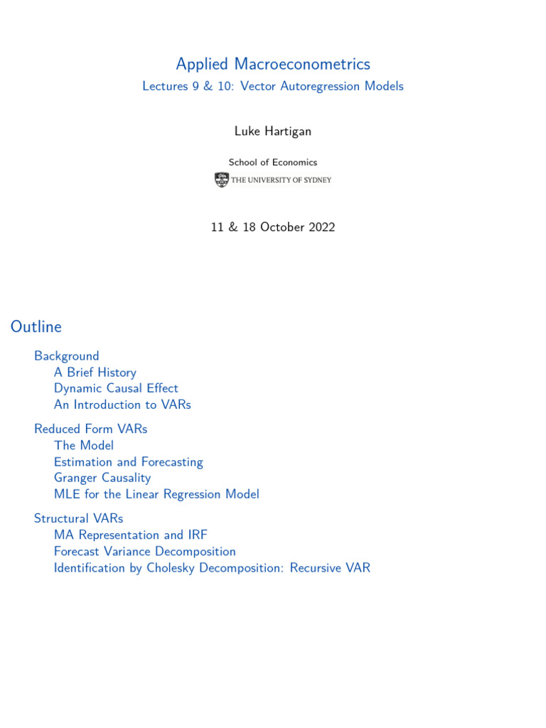 ECOS3904_2022S2_VAR_Models_Handout | PDF | Vector Autoregression | Macroeconomics