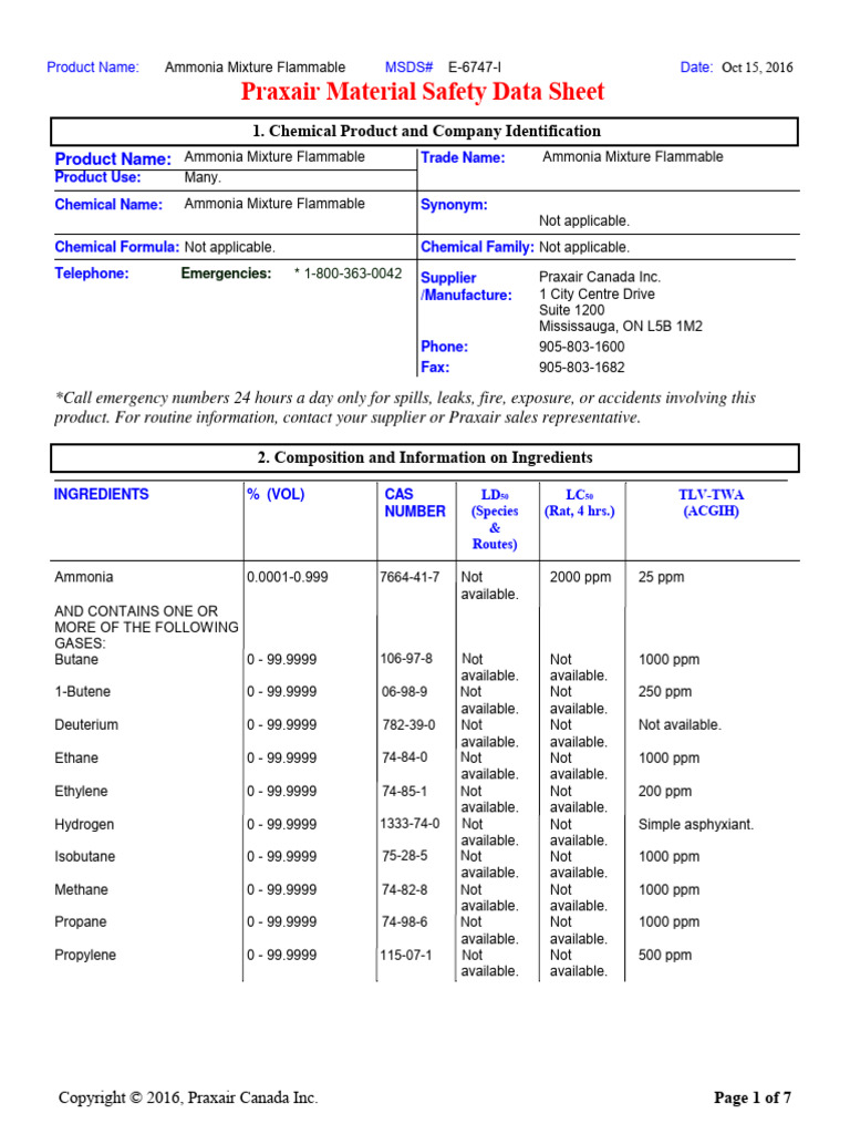 E-6747 Ammonia Mixture Flammable MSDS 2016 | PDF | Ammonia | Chemical ...