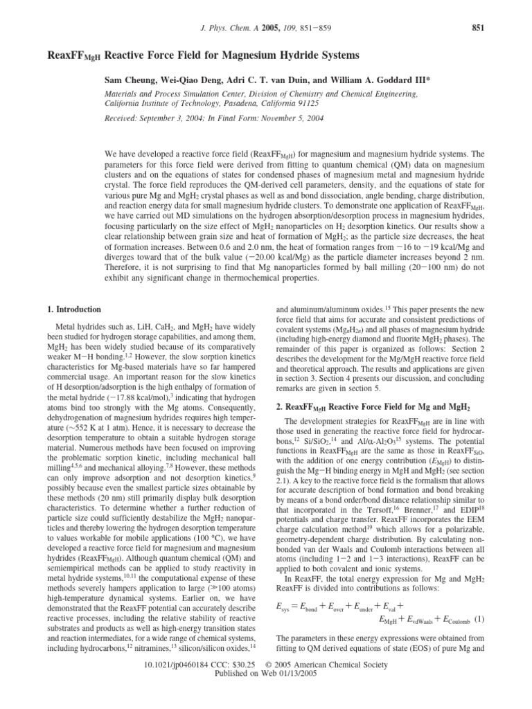 ReaxFFMgH Force Field for Mg Hydrides | PDF | Force Field (Chemistry ...