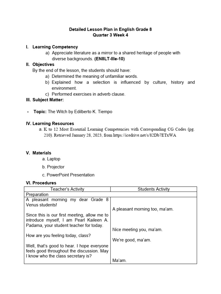 Detailed Lesson Plan in English Grade 8 | PDF | Cognition | Learning