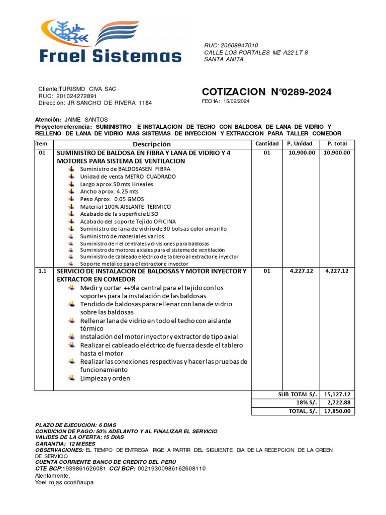 Cotizacion #0289-2024 Suministro e Instalacion de Baldosa Con Lana de Vidrio Area Comedor Taller ...