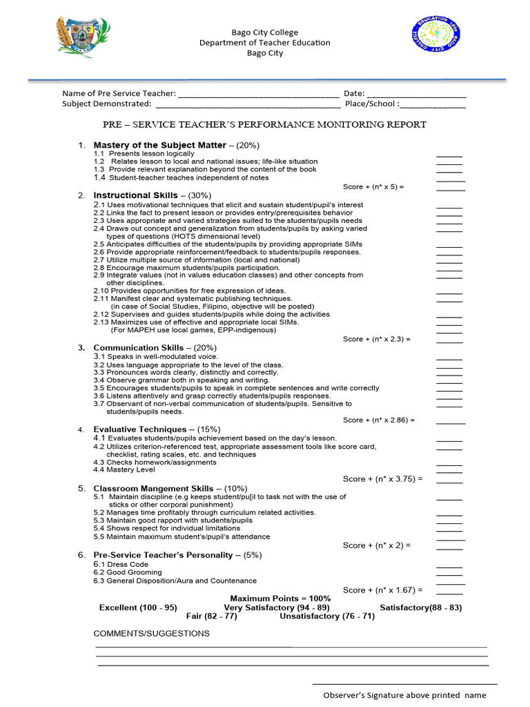 Pre Service Teacher Demo Rating Sheet | PDF | Teachers | Psychological ...