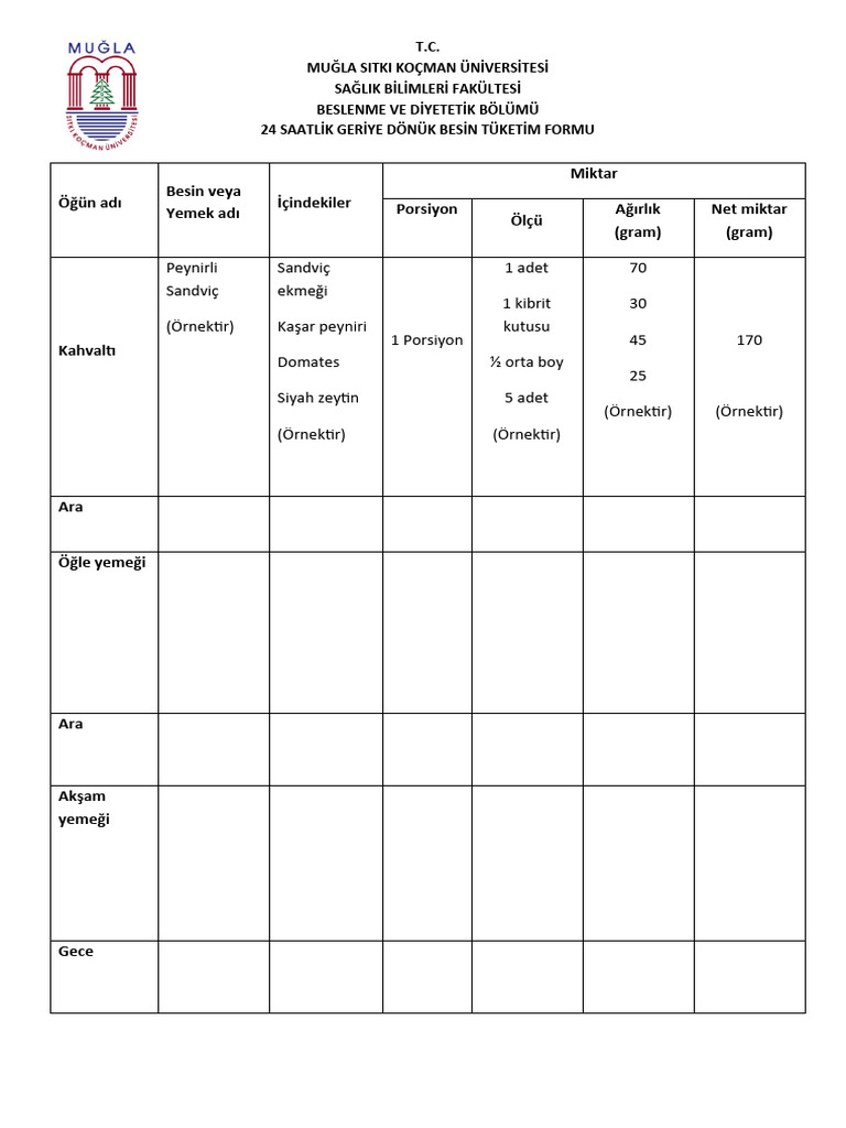 24 Saatlik Geriye Dönük Besin Tüketim | PDF