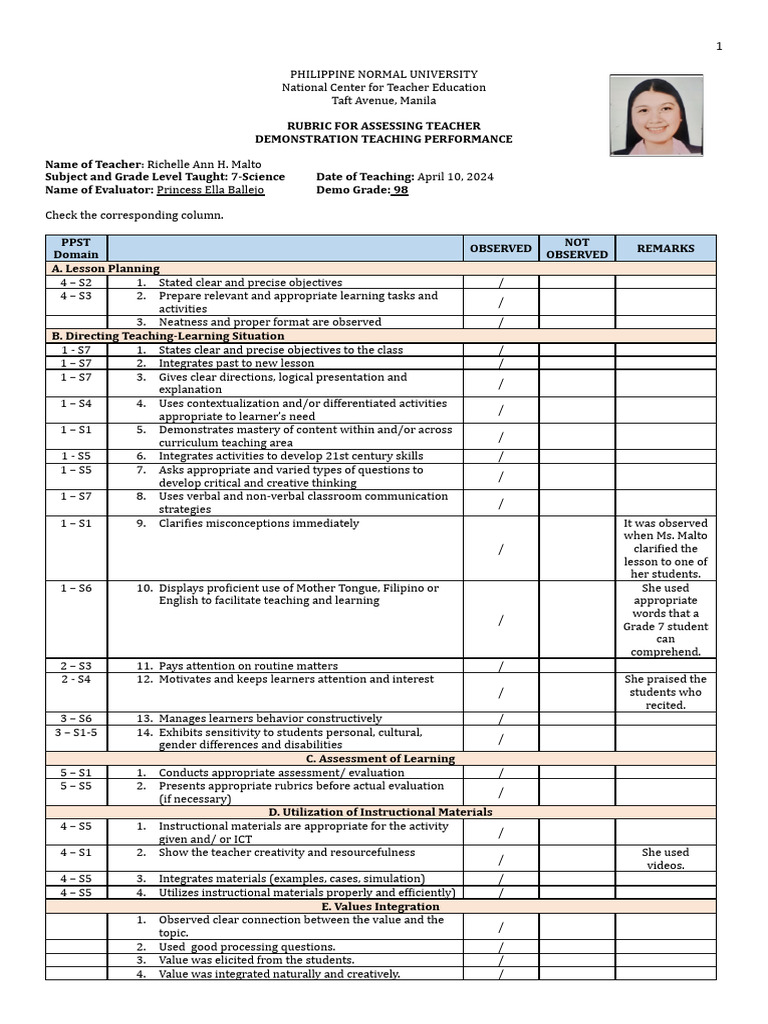 copy of copy of copy of edited demo teaching rubric form template ballejo 1 | PDF | Learning ...