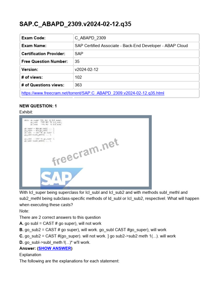 C_ABAPD_2309 Exam Insights and Questions | PDF | Inheritance (Object ...