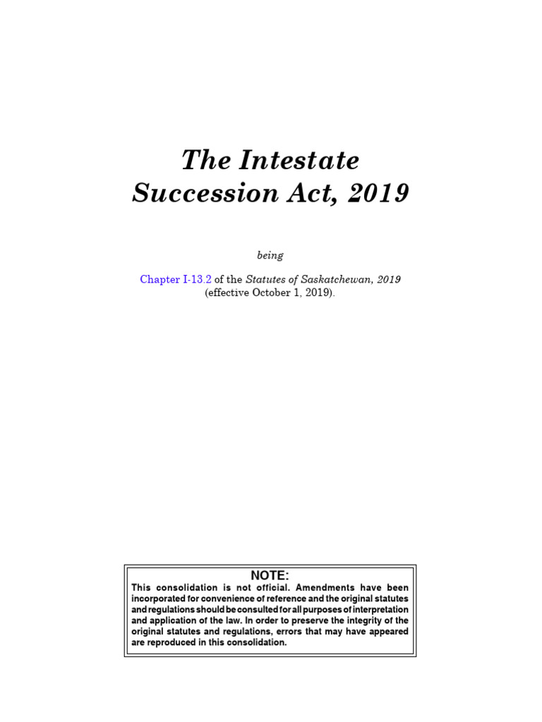 The Intestate Succession Act, 2019: Chapter I-13.2 | PDF | Intestacy ...