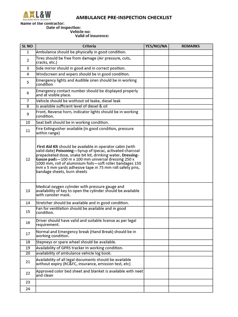 Ambulance Checklist | PDF
