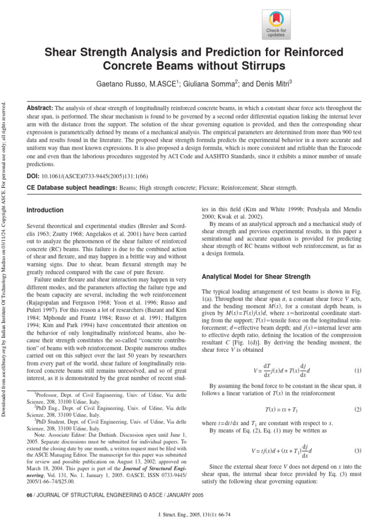 Russo Et Al 2005 Shear Strength Analysis and Prediction For Reinforced Concrete Beams Without ...