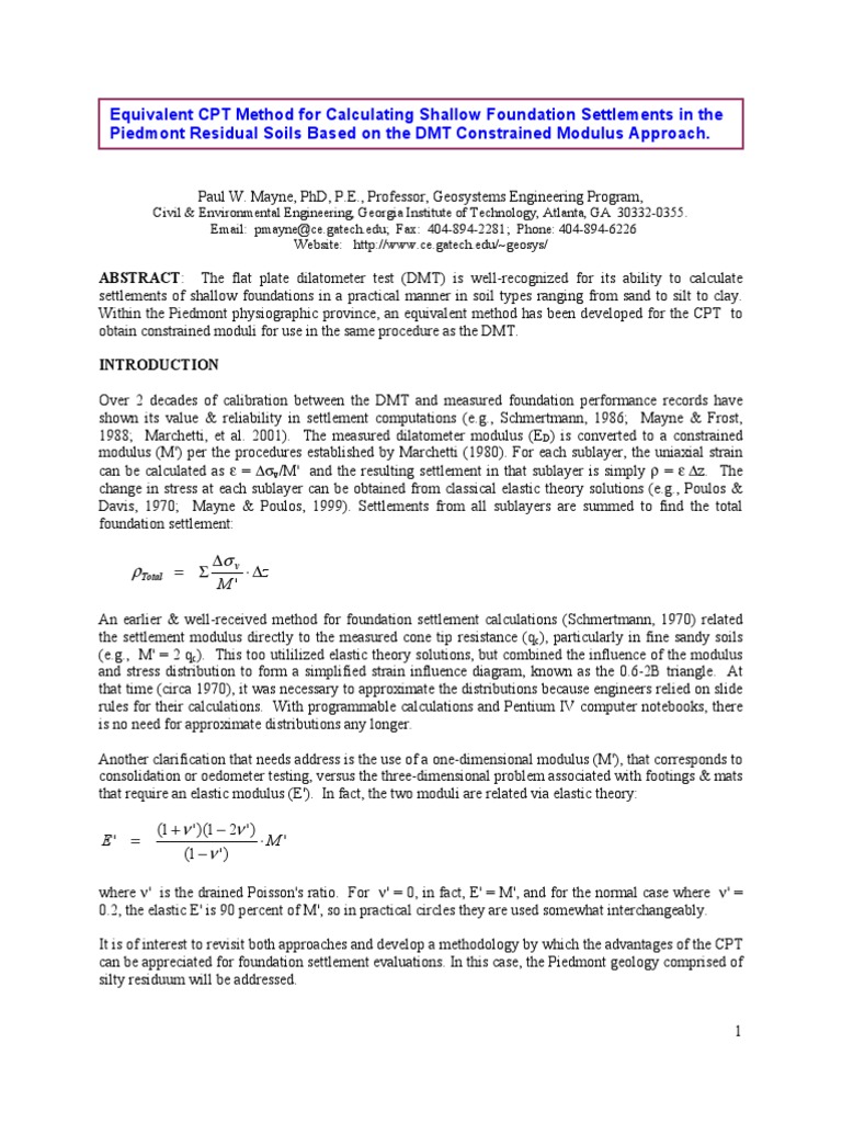 Equivalent CPT-DMT Settlement Method | PDF | Geotechnical Engineering ...