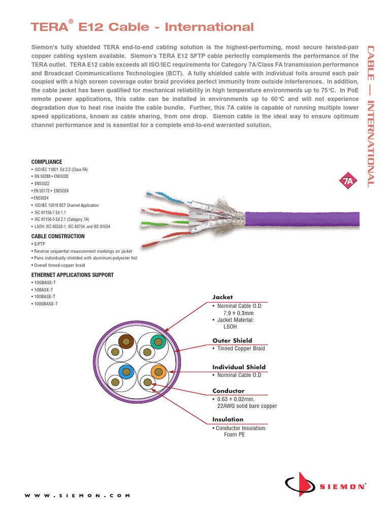 Siemon Tera E12 Cable International - Spec Sheet | Download Free PDF | Telecommunications ...