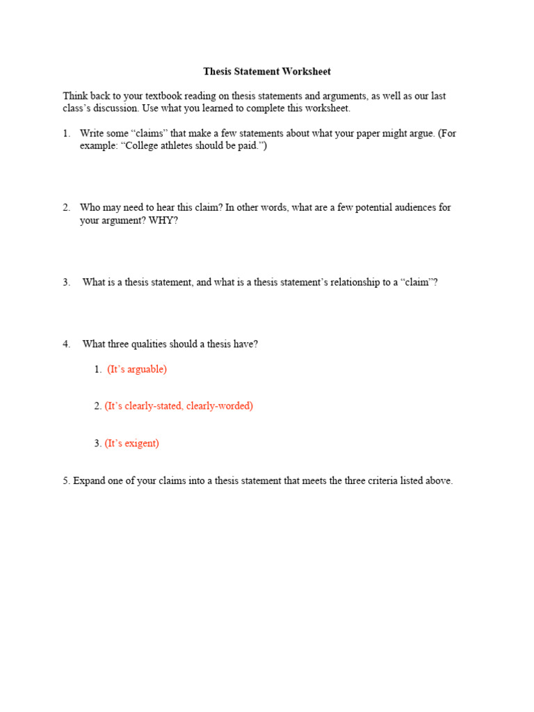 Thesis Statement Worksheet | PDF
