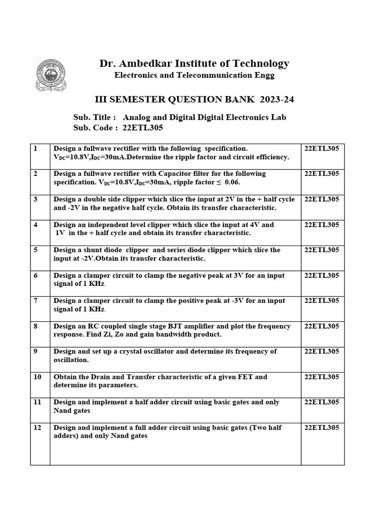 22ETL305 A and D Question Bank | PDF | Rectifier | Electronic Circuits