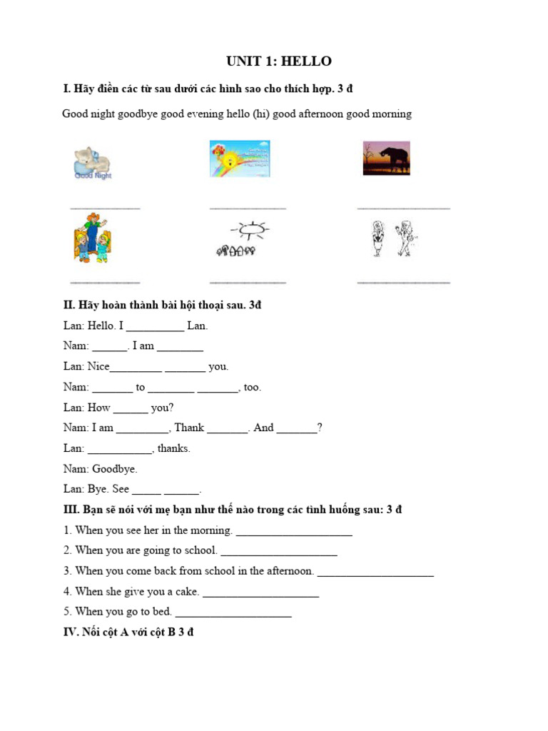 Bai Tap Tieng Anh Lop 3 Unit 1 | PDF