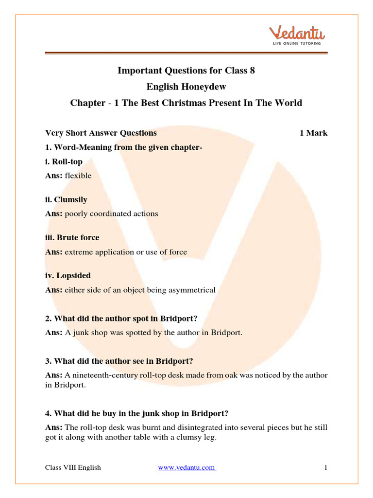 Important Questions Class 8 English Honeydew Chapter 1 | PDF