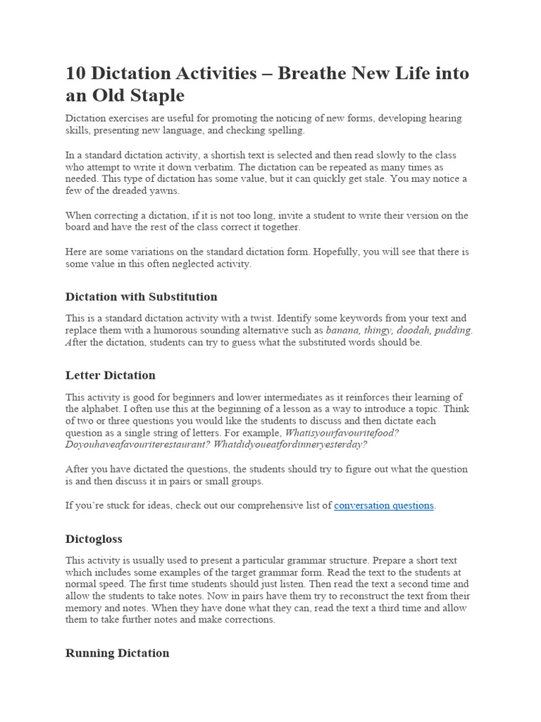 10 Dictation Activities | PDF | English As A Second Or Foreign Language ...