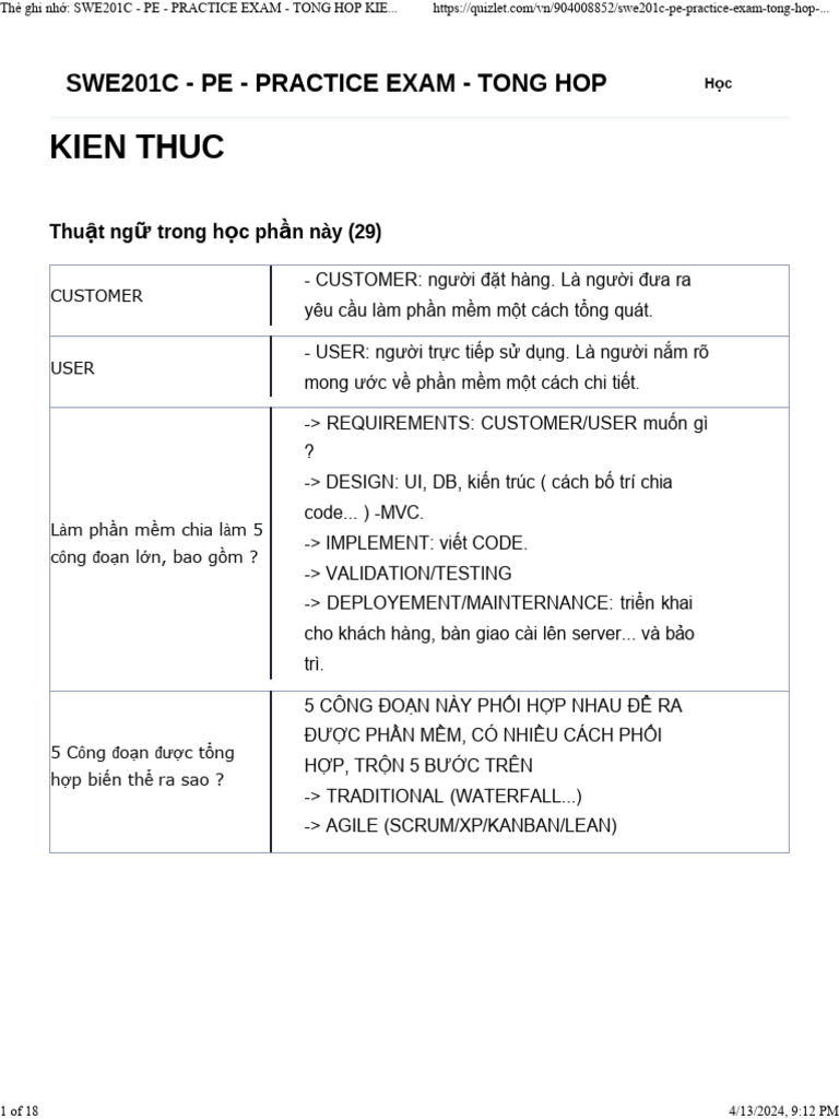 Thẻ ghi nhớ SWE201C - PE - PRACTICE EXAM - TONG HOP KIEN THUC Quizlet | PDF