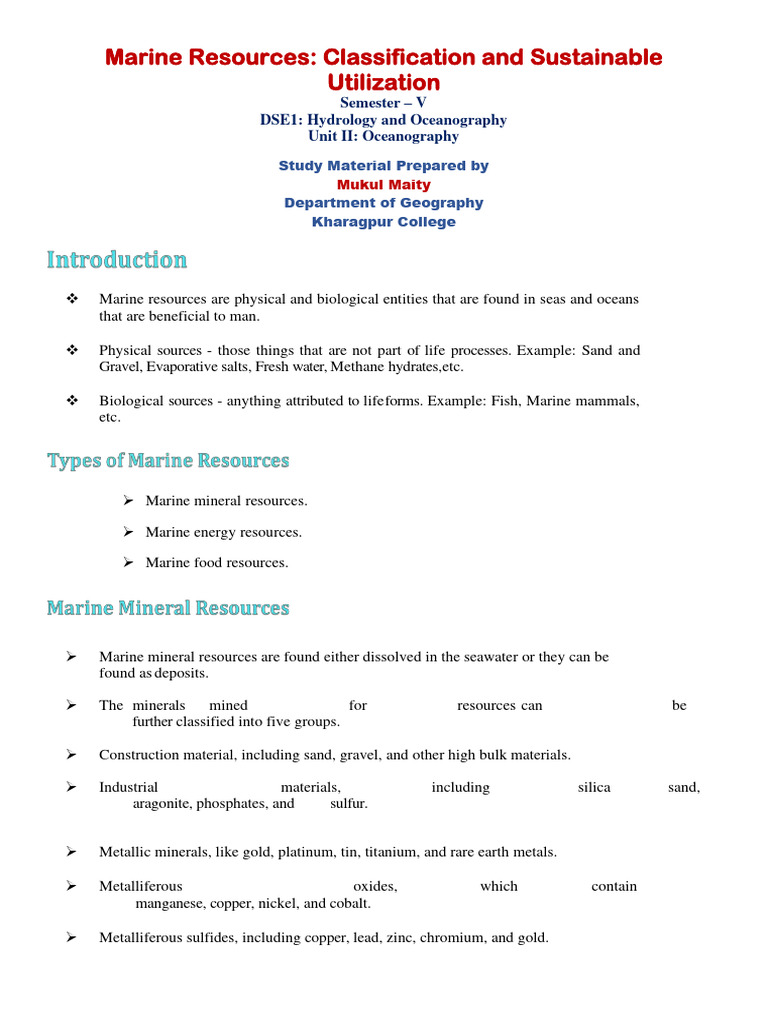 2132marine Resources Classification and Sustainable Utilization 5th Sem ...