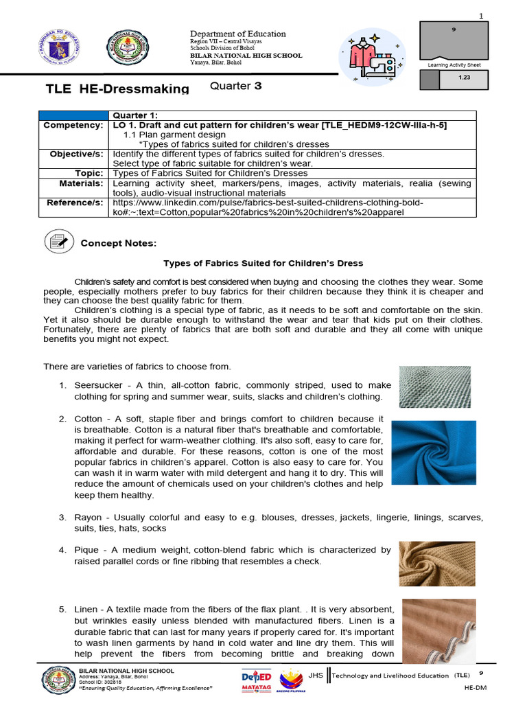 LAS - DM 9 - Types of Fabrics Suited For Childrens Wear | PDF ...