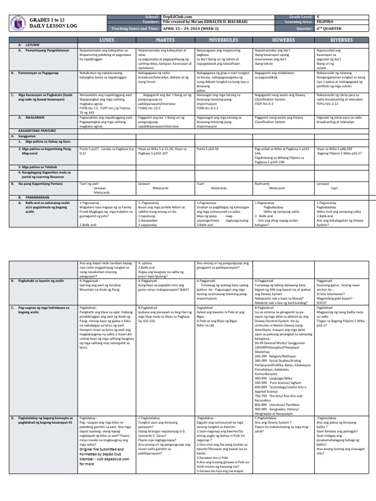 DLL_FILIPINO 5_Q4_W3 | PDF