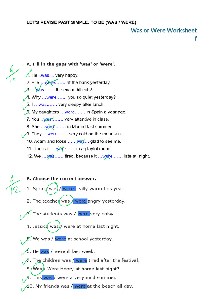 Editat: LET'S REVISE PAST SIMPLE: TO BE (WAS WERE) : Optional | PDF