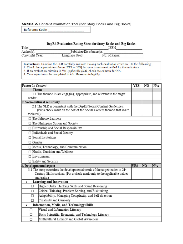 ANNEX 2 DepEd Evaluation Rating Sheet for Story Books and Big Books ...