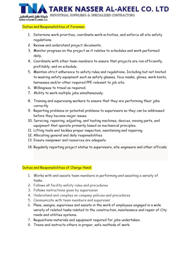 Foreman and Chargehand Responsibilities | PDF | Personal Protective ...