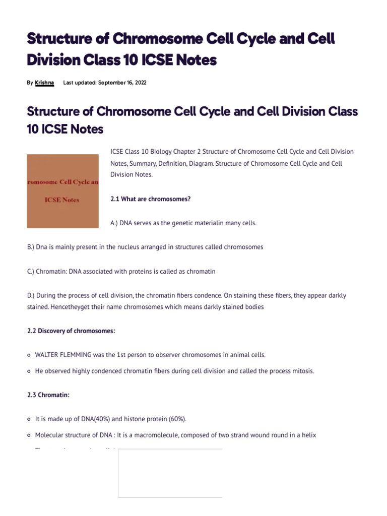 Structure of Chromosome Cell Cycle and Cell Division Class 10 ICSE ...