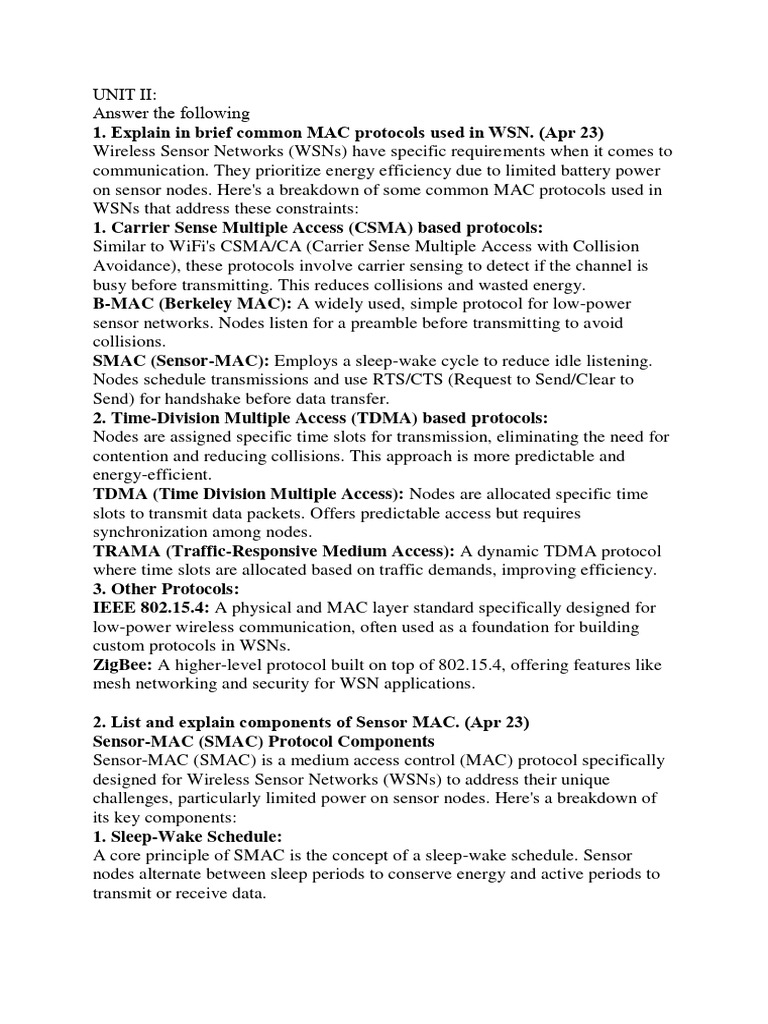 wsn unit 2 | PDF | Transmission Control Protocol | Wireless Sensor Network