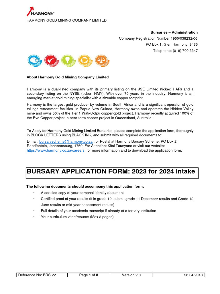Harmony Bursaries Form 2024 | PDF
