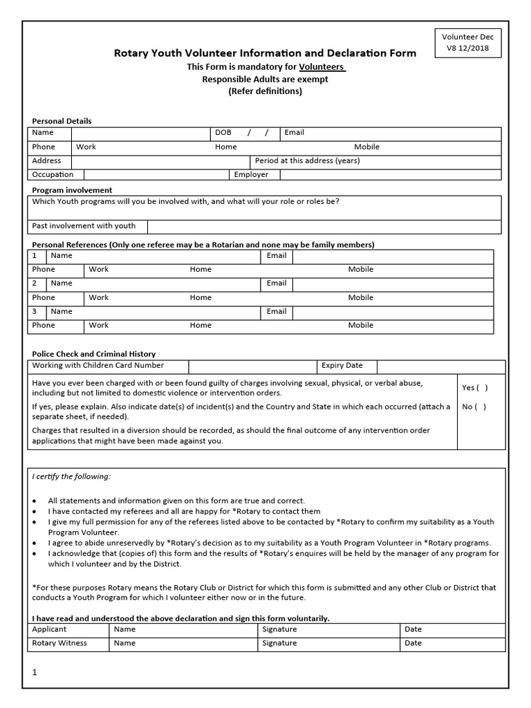 Rotary Youth Volunteer Declaration Form | PDF | Criminal Record ...