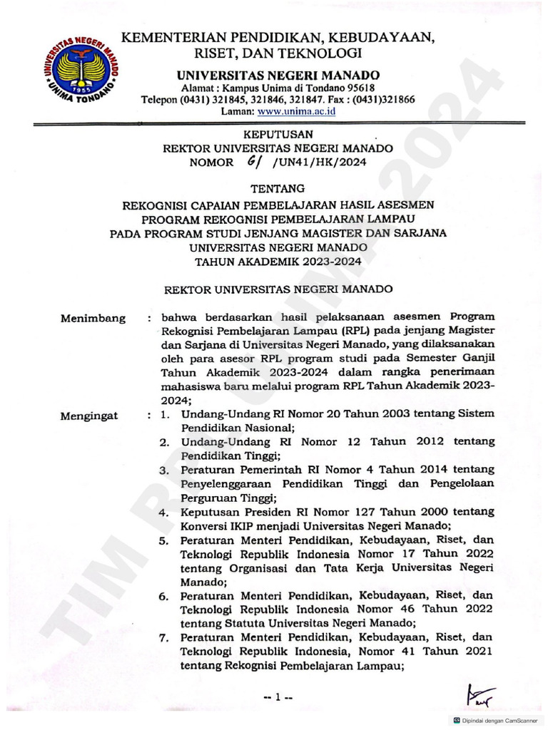 SK Rektor Unima Nomor 61 UN41 HK 2024 Tentang Rekognisi Capaian ...