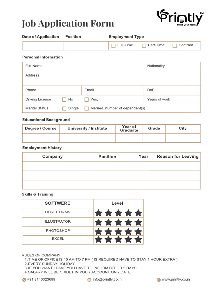 Professional Job Application Form Document A4 | PDF