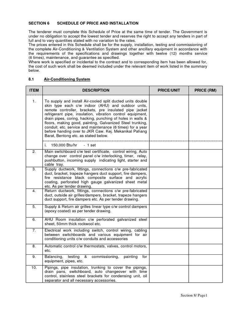 SECTION 8 Schedukle of Prices | PDF | Duct (Flow) | Building Engineering
