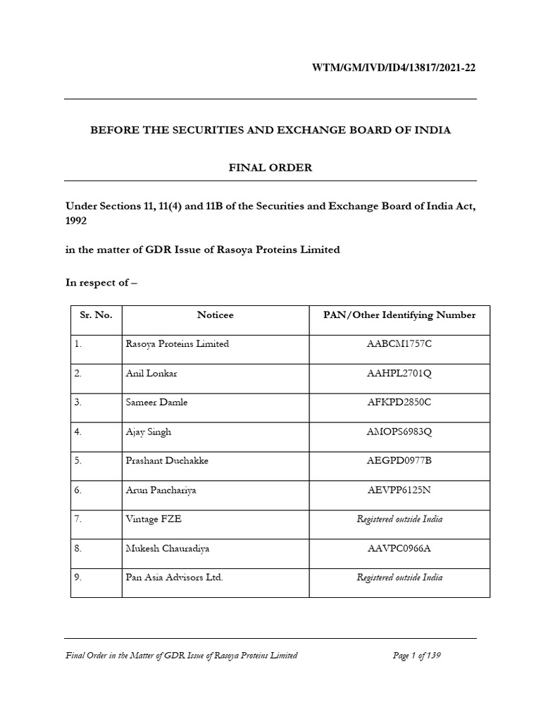 Rasoya Proteins GDR Issue Investigation | PDF | Loans | Banks