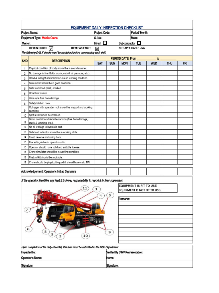 Mobile Crane Daily Inspection Checklist | PDF | Crane (Machine ...