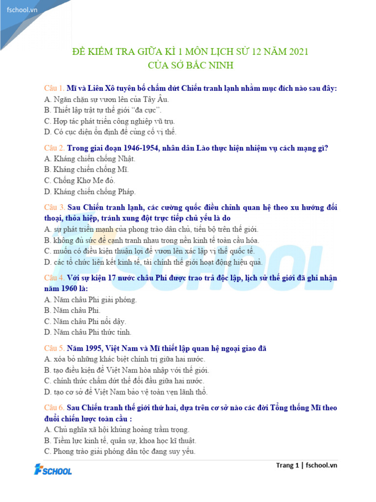 De Kiem Tra Giua Ki 1 Mon Lich Su 12 Nam 2021 Cua So Bac Ninh Ma de 852 3a63ca6766 | PDF