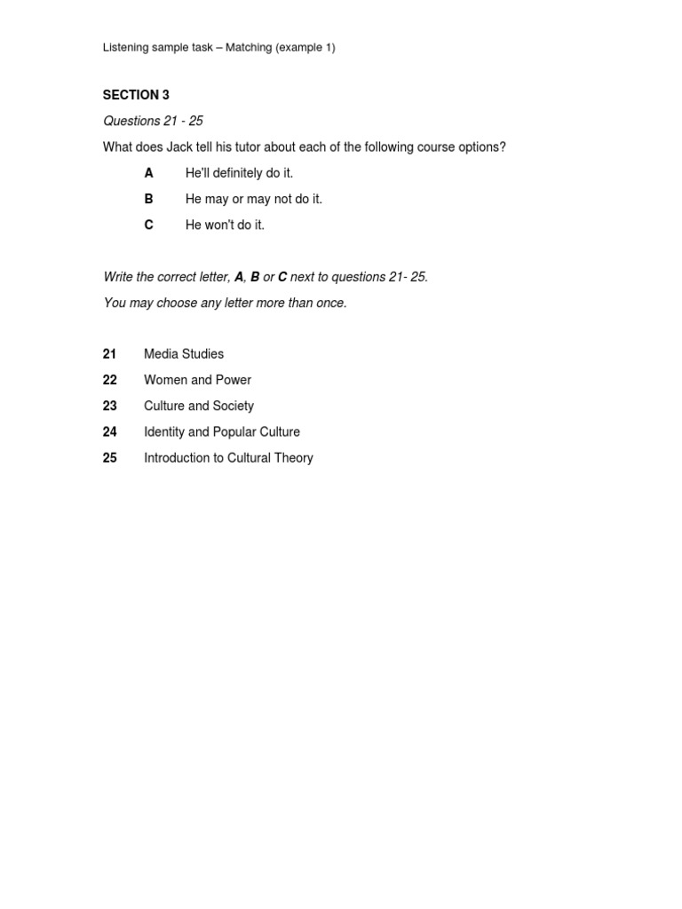 Listening Sample Task - Matching Example 1 | PDF | Communication