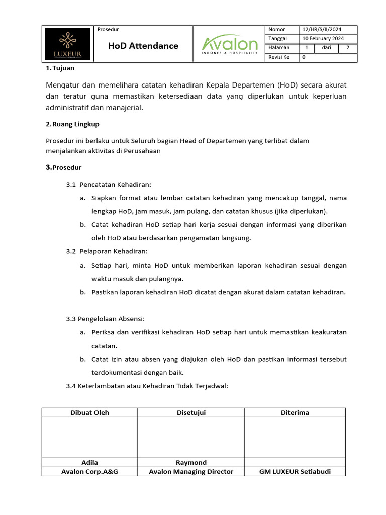 SOP HoD Attendance | PDF | Pengelolaan Keuangan & Uang