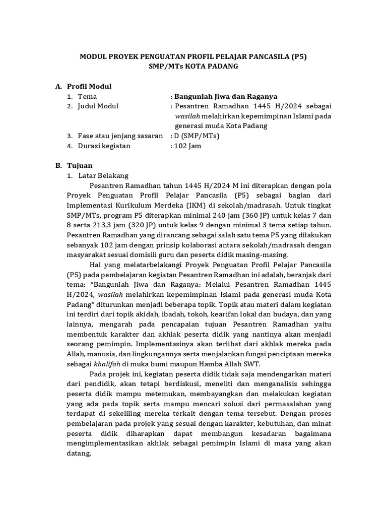 Draf MODUL P5 Pesantren Ramadhan SMP 2024docx | PDF