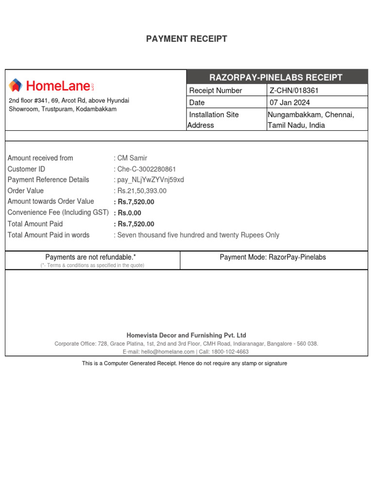 Homelane Payment Receipt Summary | PDF