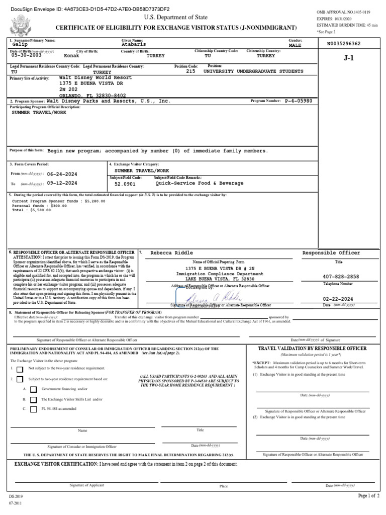 2024-06-24 J-1 WDW SWT Galip, Atabaris DS-2019 | PDF | Travel Visa