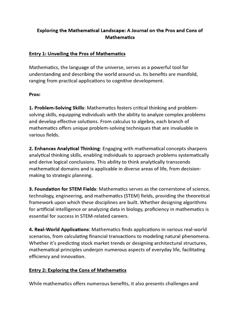 Exploring The Mathematical Landscape - A Journal On The Pros and Cons ...