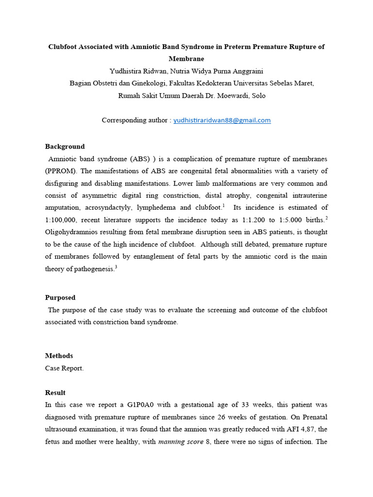 Poster Clubfoot Associated With Amniotic Band Syndrome in Preterm ...