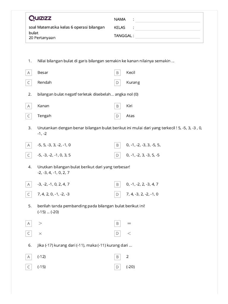 Soal Operasi Bilangan Bulat Kelas 6 | PDF
